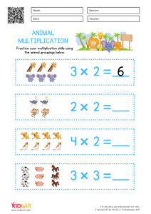 Animal Multiplication Printable Worksheet for Grade 2 - Kidpid