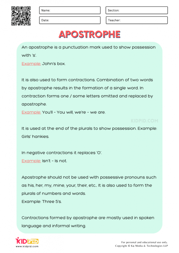 Apostrophes Printable Worksheets for Grade 2 - Kidpid
