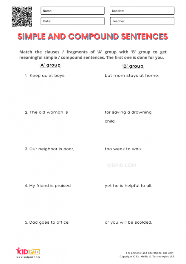 Simple and Compound Sentence Printable Worksheets for Grade 2 - Kidpid