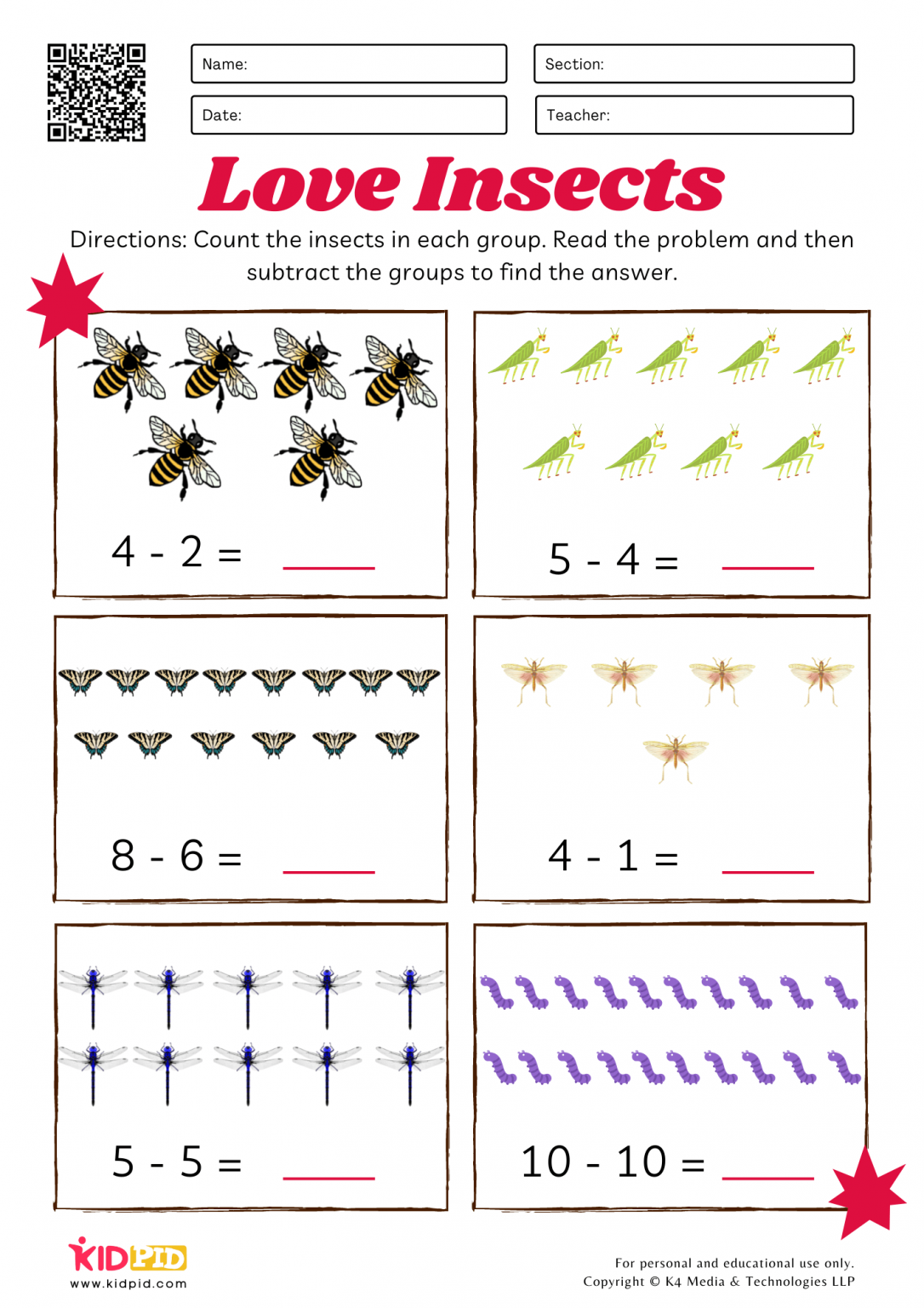Colorful Insects Basic Subtraction Worksheets for Kids - Kidpid
