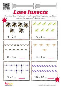 Colorful Insects Basic Subtraction Worksheets for Kids - Kidpid