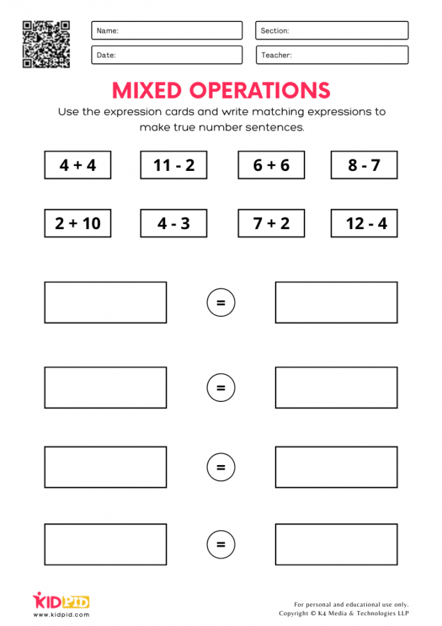 True number sentence Free Printable Worksheets for Grade 1 - Kidpid