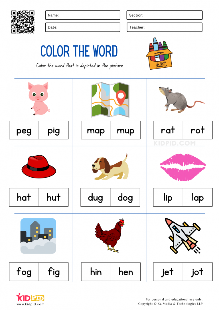CVC Color the Word Worksheets for Kids - Kidpid