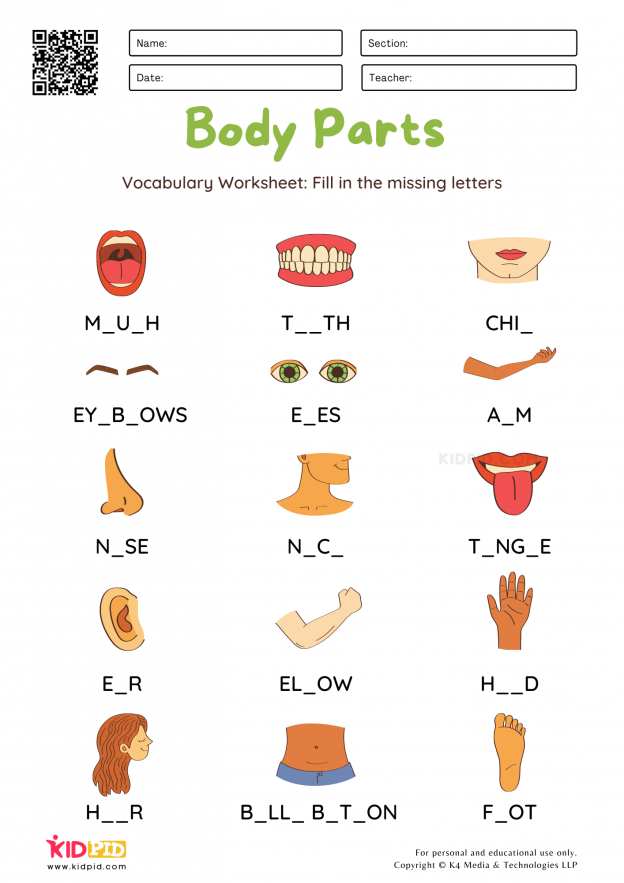 Vocabulary Naming Body Parts Worksheet - Kidpid
