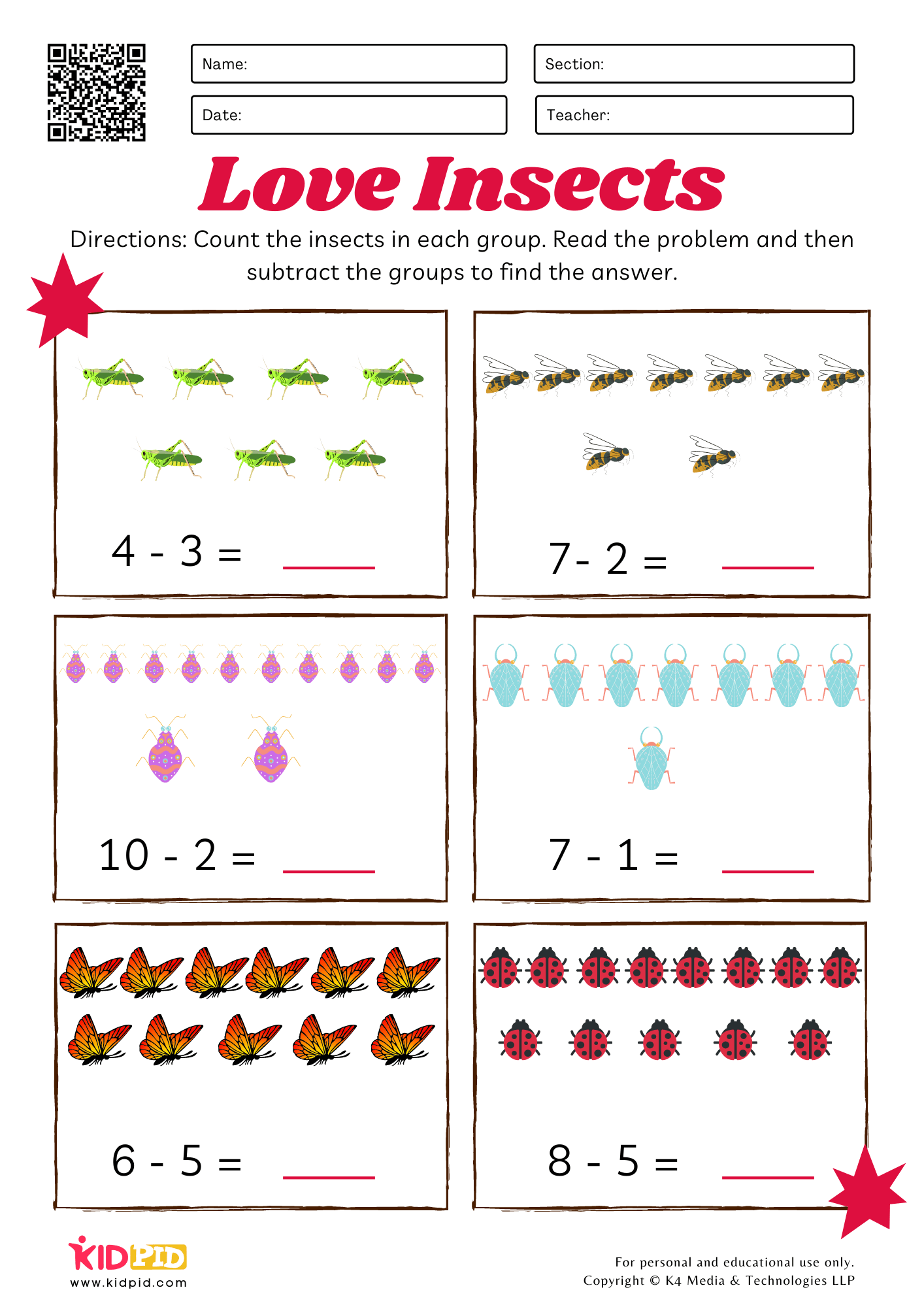 Colorful Insects Basic Subtraction Worksheets for Kids - Kidpid
