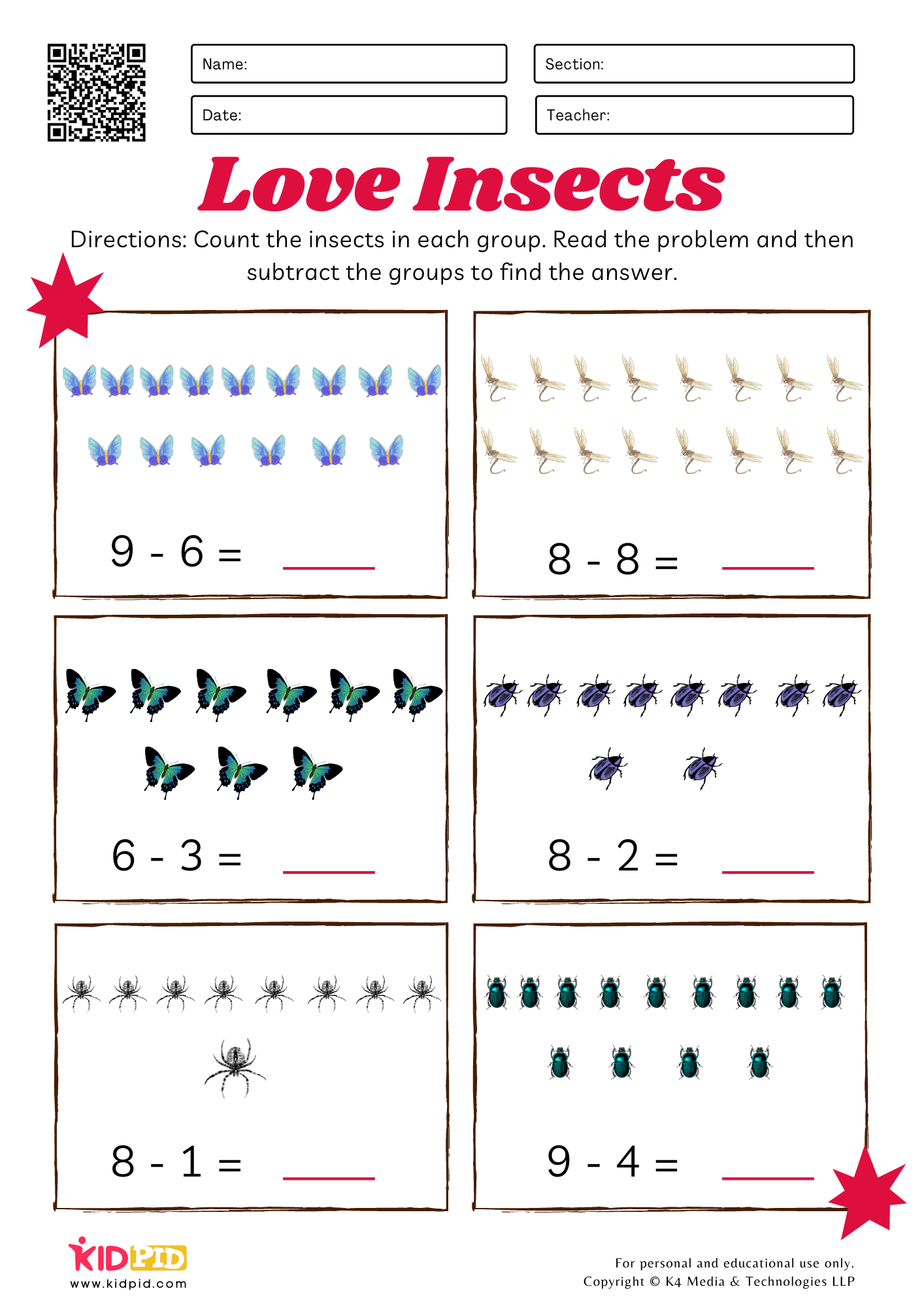 Colorful Insects Basic Subtraction Worksheets for Kids - Kidpid