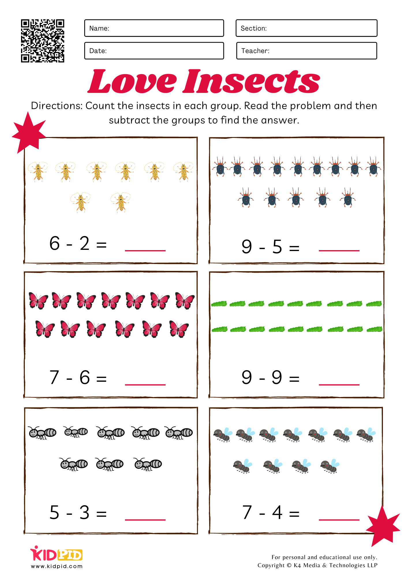 Colorful Insects Basic Subtraction Worksheets for Kids - Kidpid