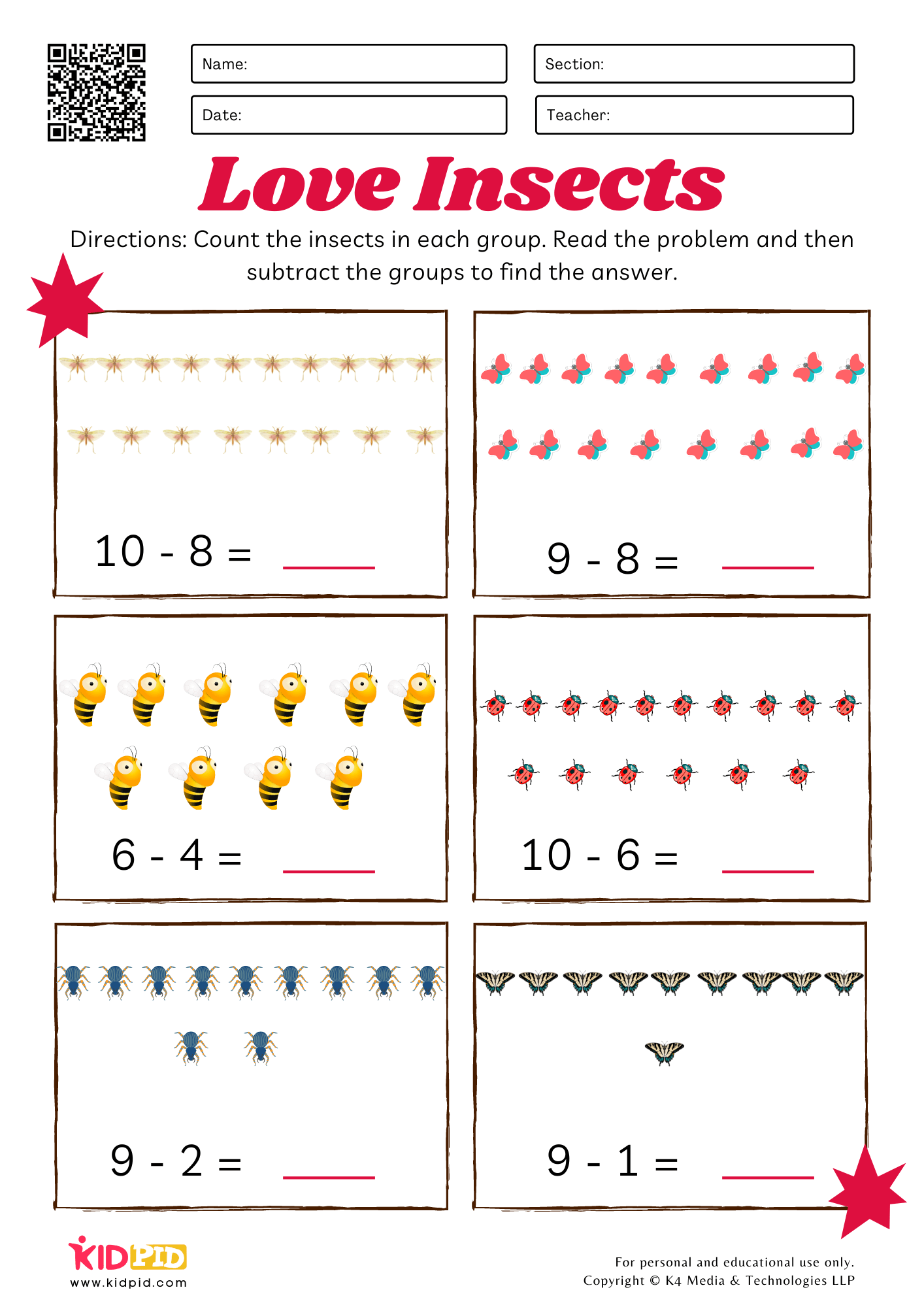 Colorful Insects Basic Subtraction Worksheets for Kids - Kidpid