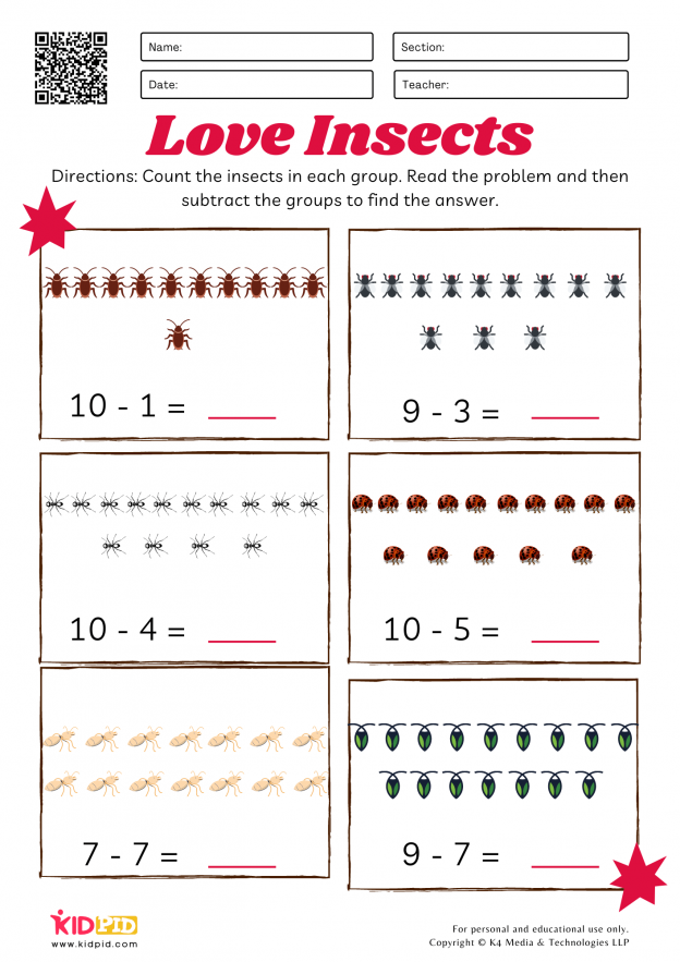 Colorful Insects Basic Subtraction Worksheets for Kids - Kidpid