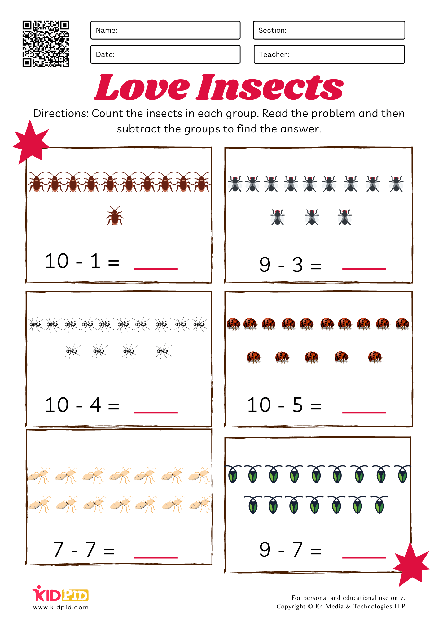 Colorful Insects Basic Subtraction Worksheets for Kids - Kidpid