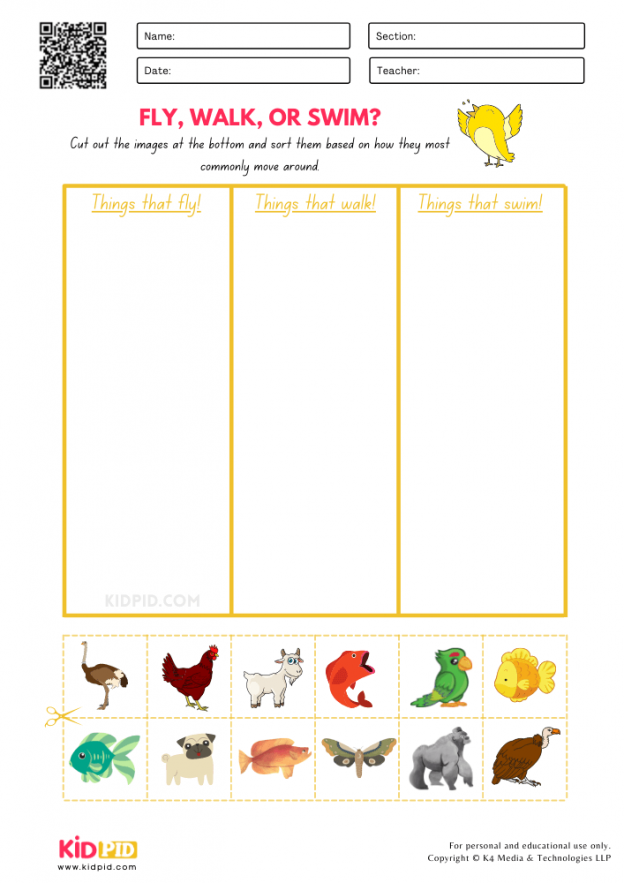 Fly, Walk, or Swim Sorting Printable Worksheets - Kidpid