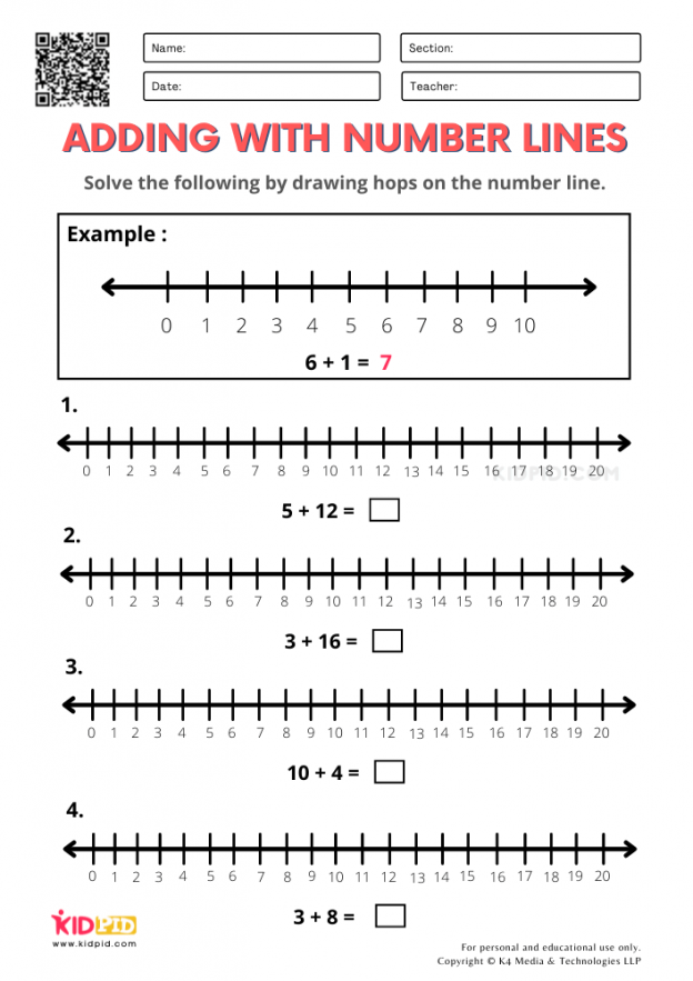 Number Line Addition Printable Worksheets for Grade 1 - Kidpid