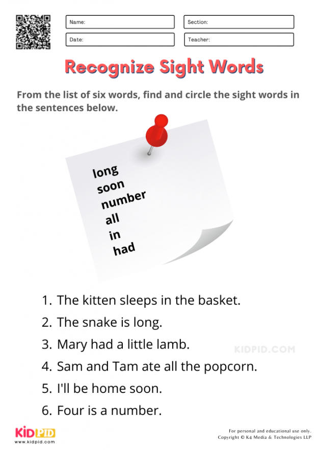 Sight Word in Sentences Kindergarten Practice Worksheets - Kidpid