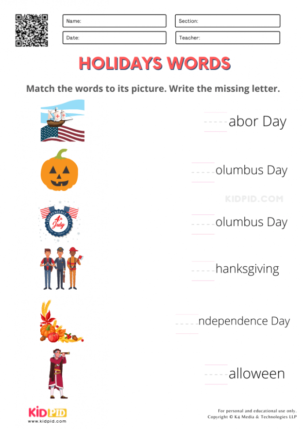 Holiday Words Practice Worksheets for Kindergarten - Kidpid