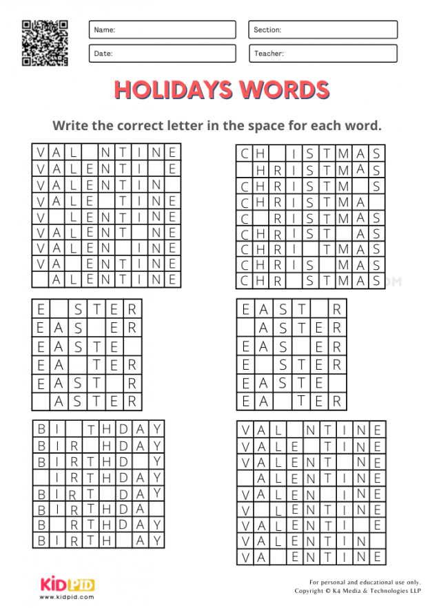 Holiday Words Practice Worksheets for Kindergarten - Kidpid
