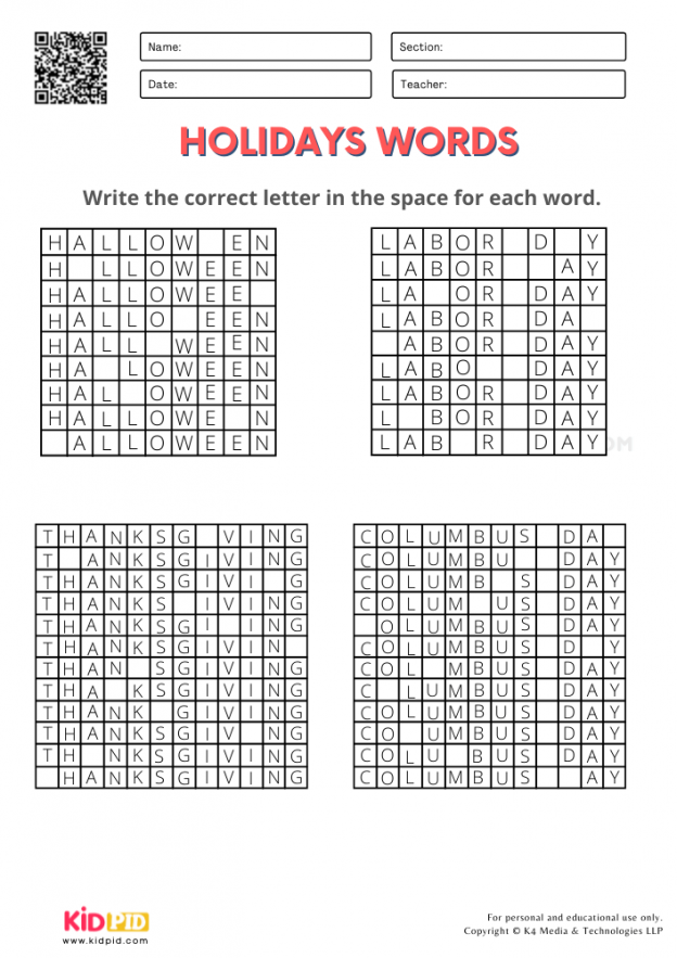 Holiday Words Practice Worksheets for Kindergarten - Kidpid