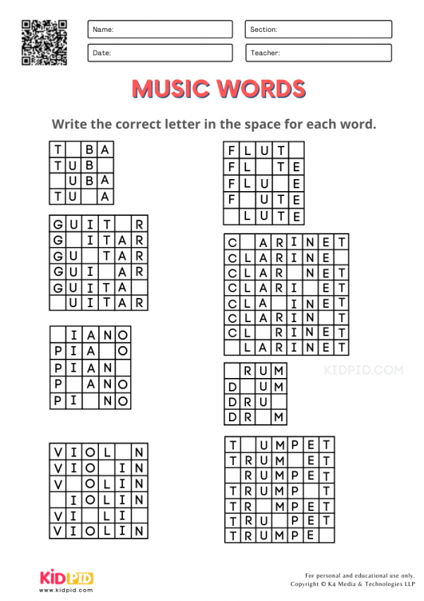 Music Words Practice Worksheets for Kindergarten - Kidpid