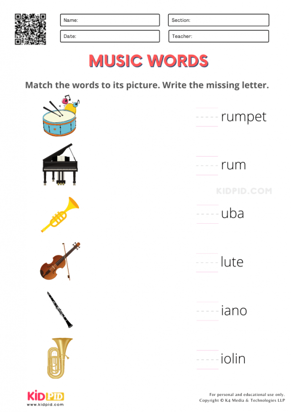 Music Words Practice Worksheets for Kindergarten - Kidpid