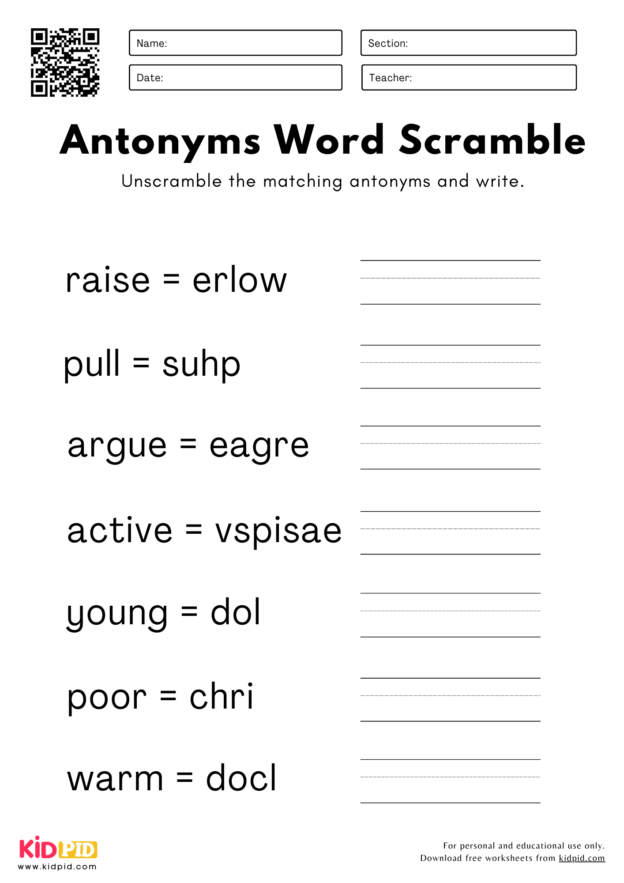 Antonyms Word Scramble Worksheets For Grade 2 - Kidpid