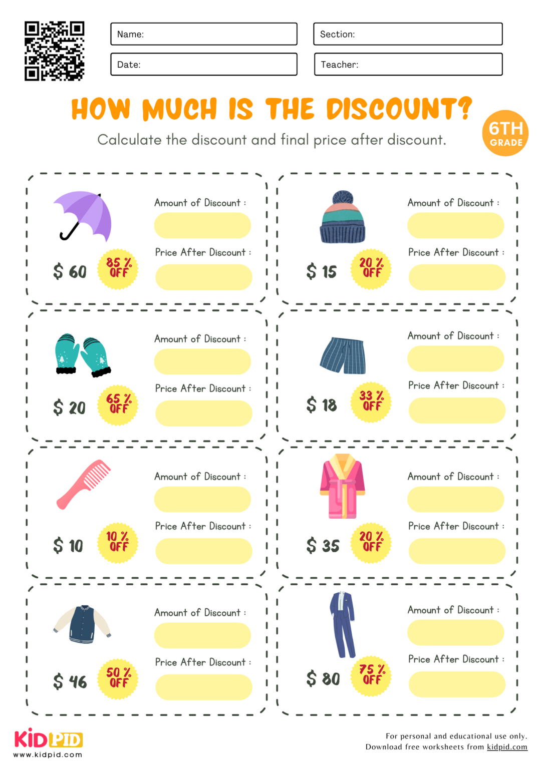 Calculating Discount Math Worksheet for Grade 6 - Kidpid