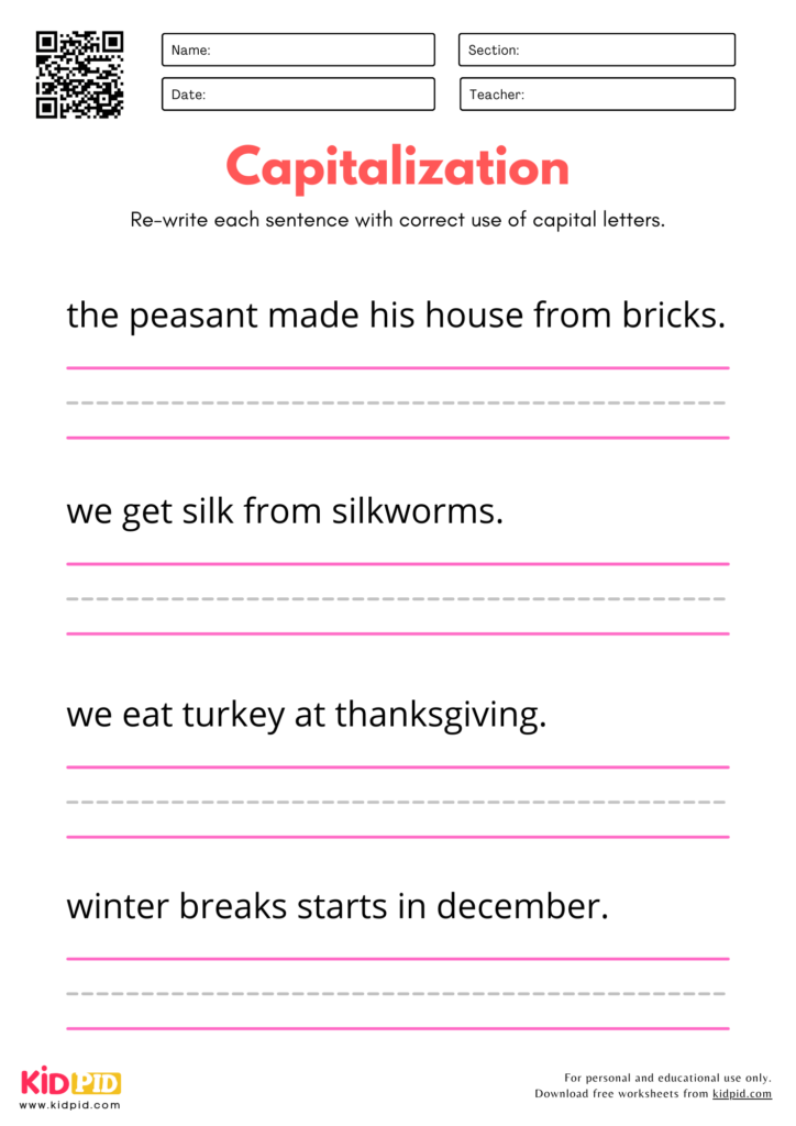 Capitalizations and Sentence Practice Worksheet for Kindergarten - Kidpid