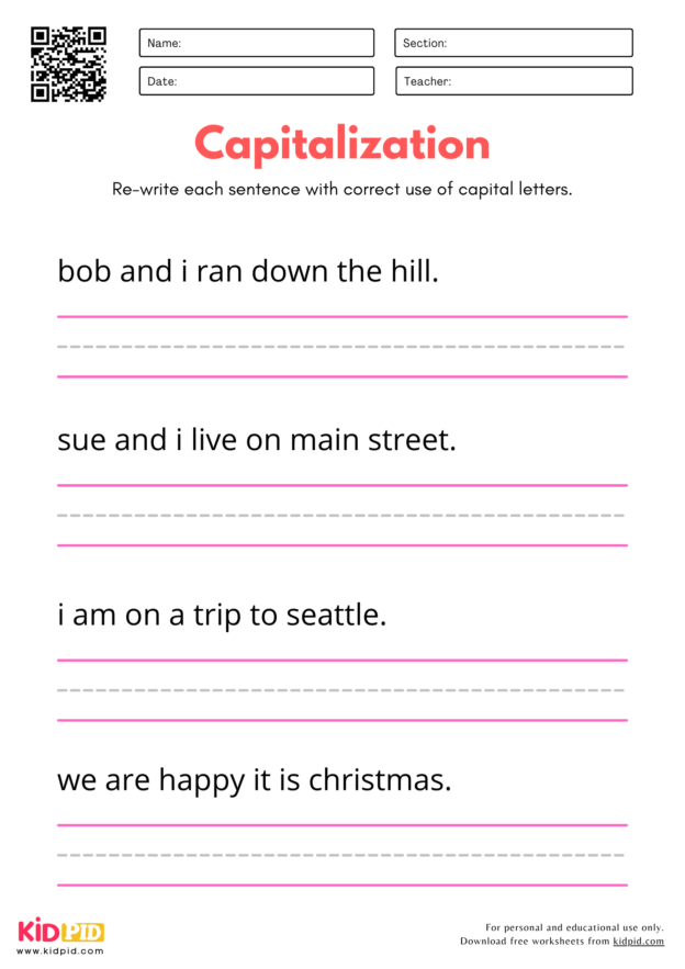Capitalizations and Sentence Practice Worksheet for Kindergarten - Kidpid