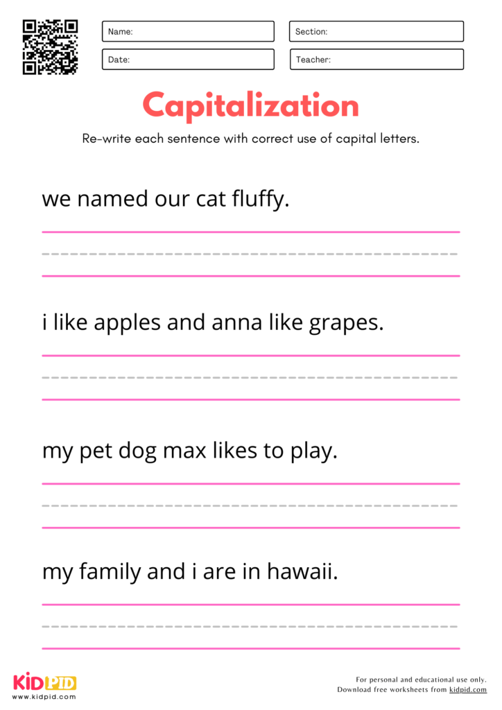 Capitalizations and Sentence Practice Worksheet for Kindergarten - Kidpid