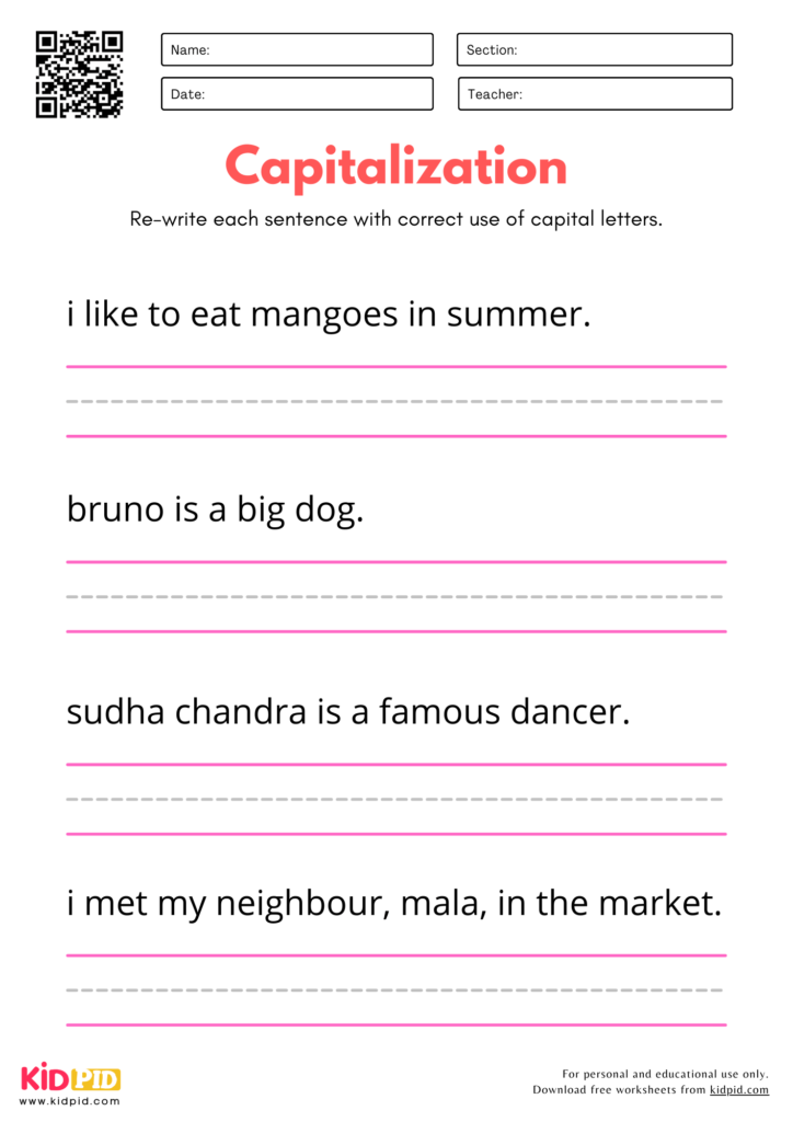 Capitalizations and Sentence Practice Worksheet for Kindergarten - Kidpid