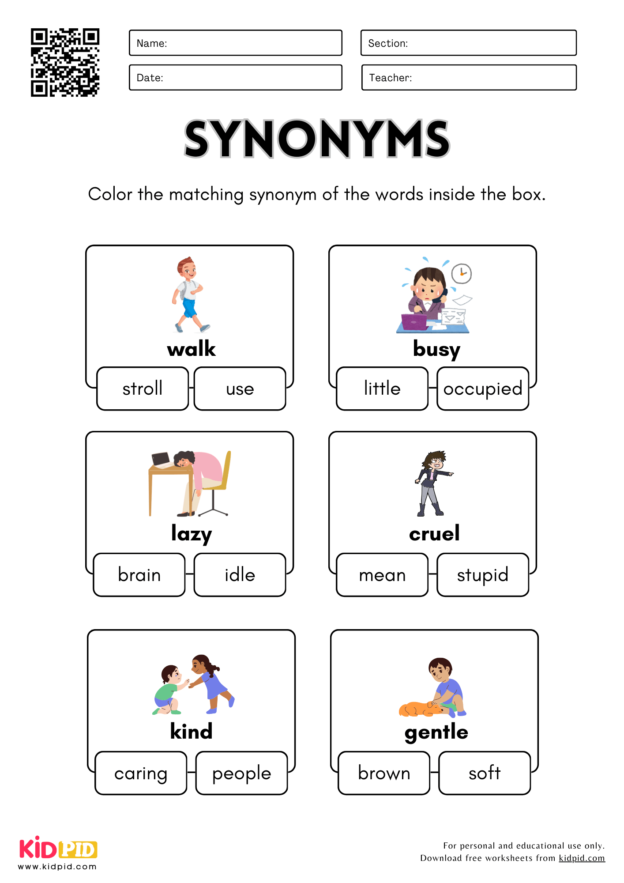 Color the Matching Synonyms Worksheet for Grade 1 - Kidpid