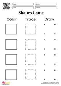 Color, Trace & Draw Shapes Game Activity Worksheet - Kidpid