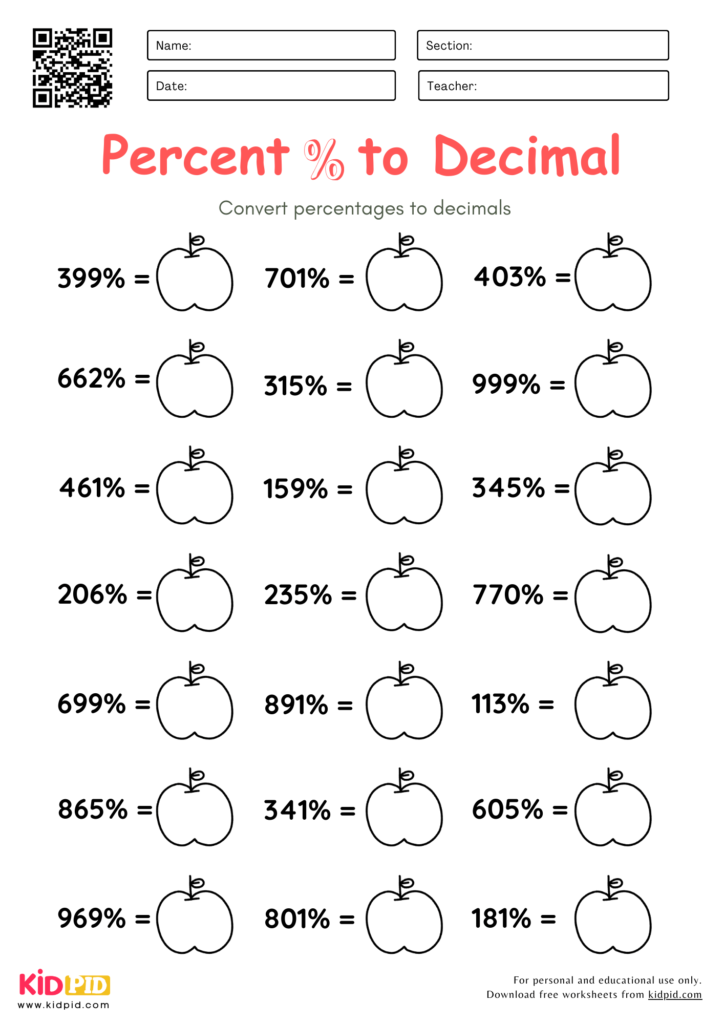 Decimals to/from Percents (over 100%) Worksheet for Grade 6 - Kidpid