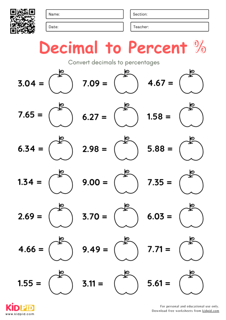 Decimals to/from Percents (over 100%) Worksheet for Grade 6 - Kidpid
