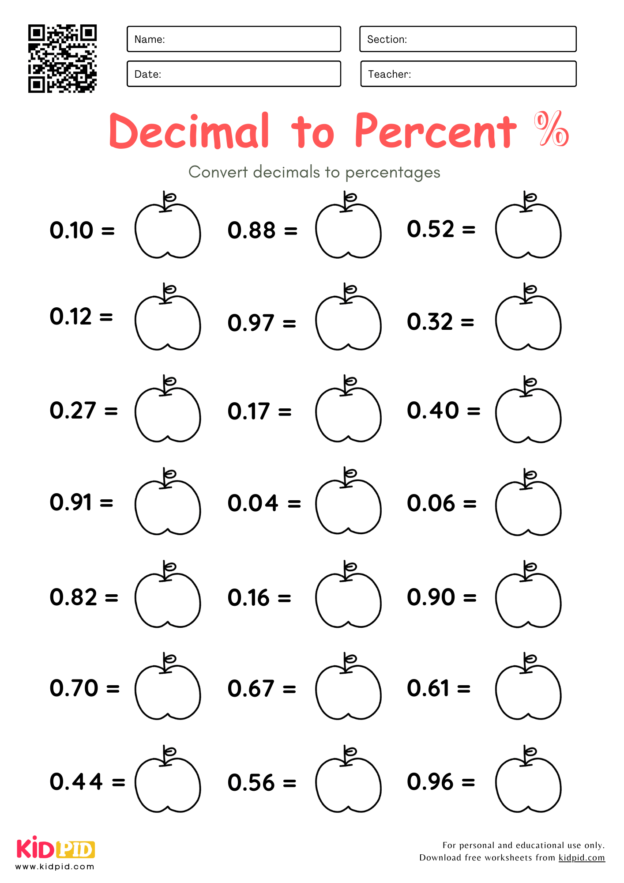 Decimals to/from Percents Worksheet for Grade 6 - Kidpid
