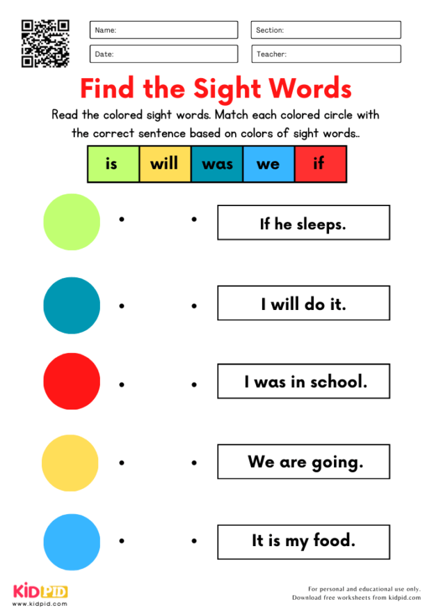 Find & Match The Sight Words Worksheet For Grade 1 - Kidpid