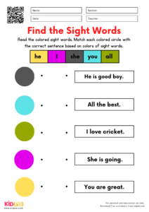 Find & Match The Sight Words Worksheet For Grade 1 - Kidpid