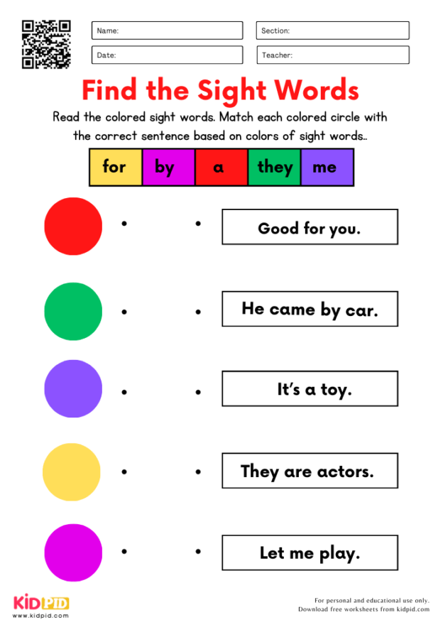 Find & Match The Sight Words Worksheet For Grade 1 - Kidpid