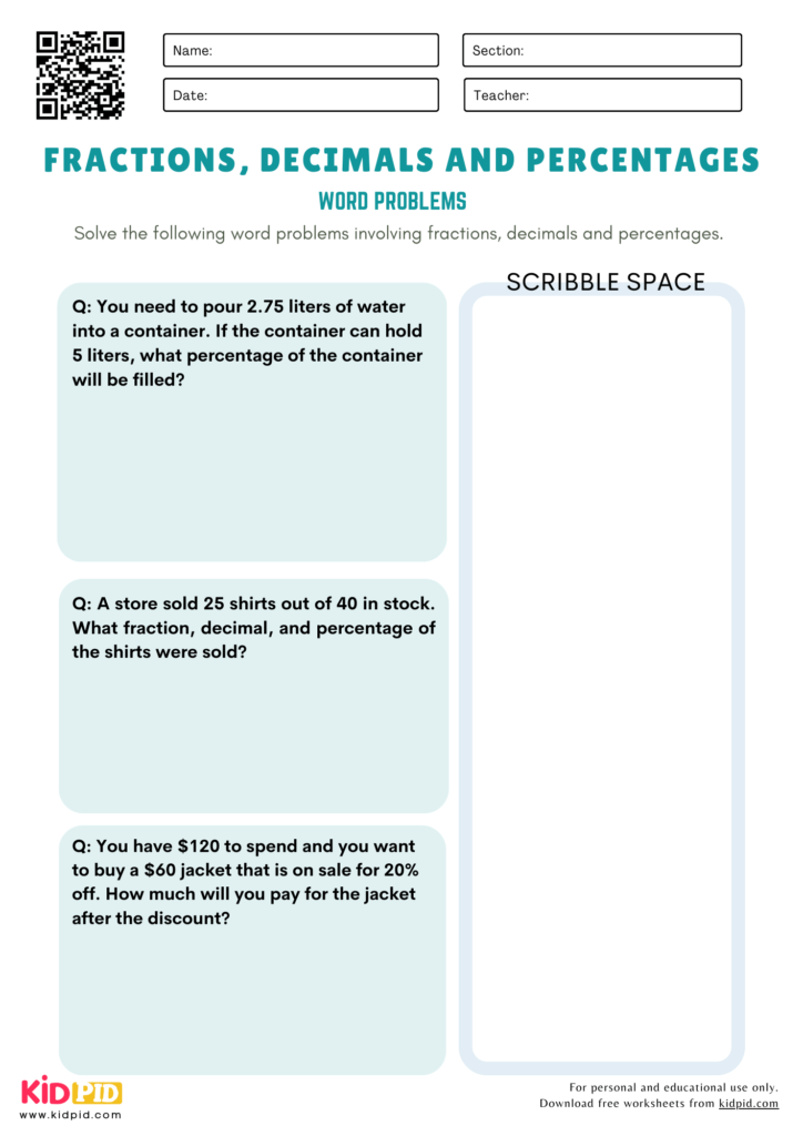 Fractions, Decimals and Percentages Word Problem Maths Worksheet for ...