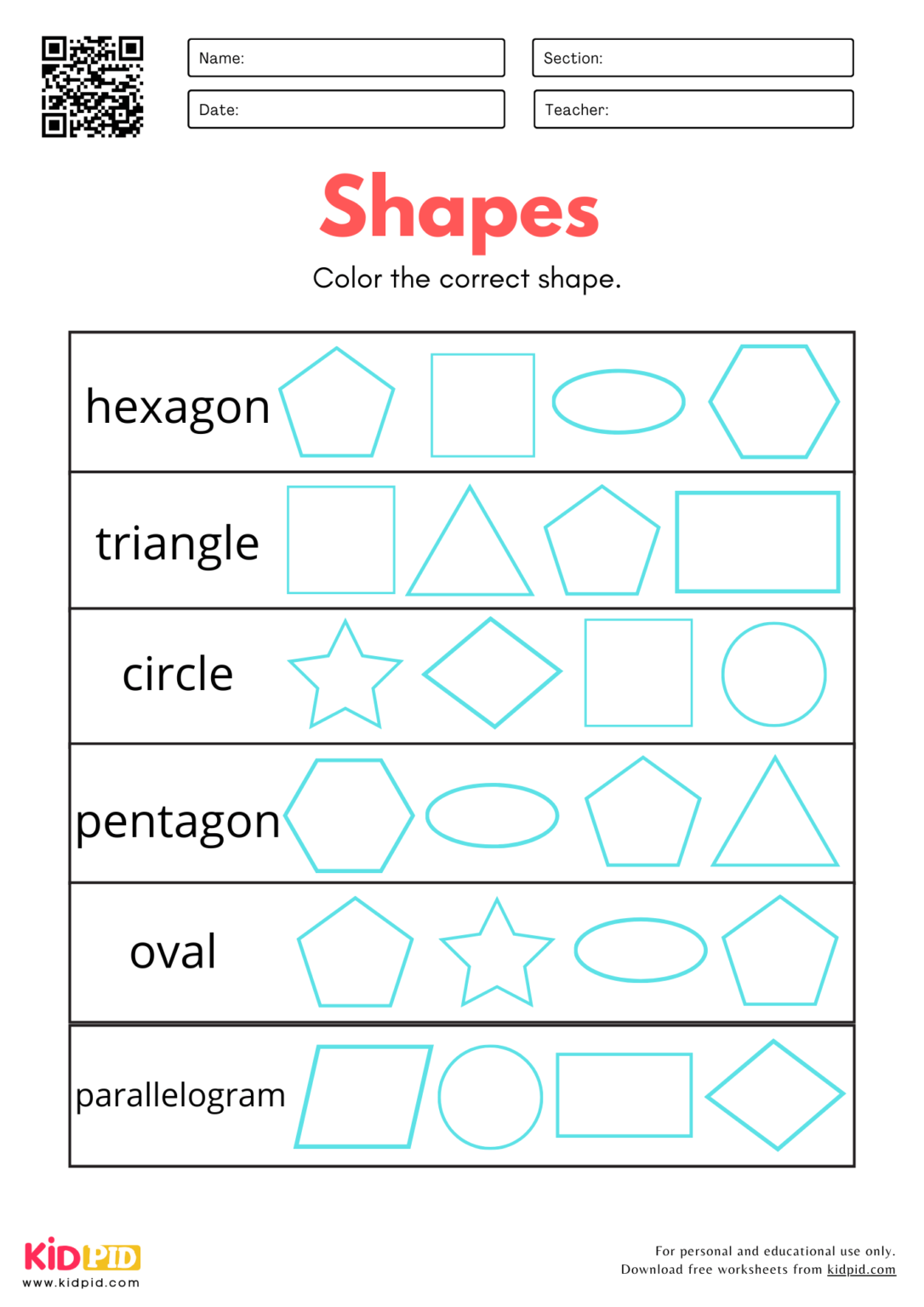 Identify 2D Shapes Worksheet for Kindergarten - Kidpid