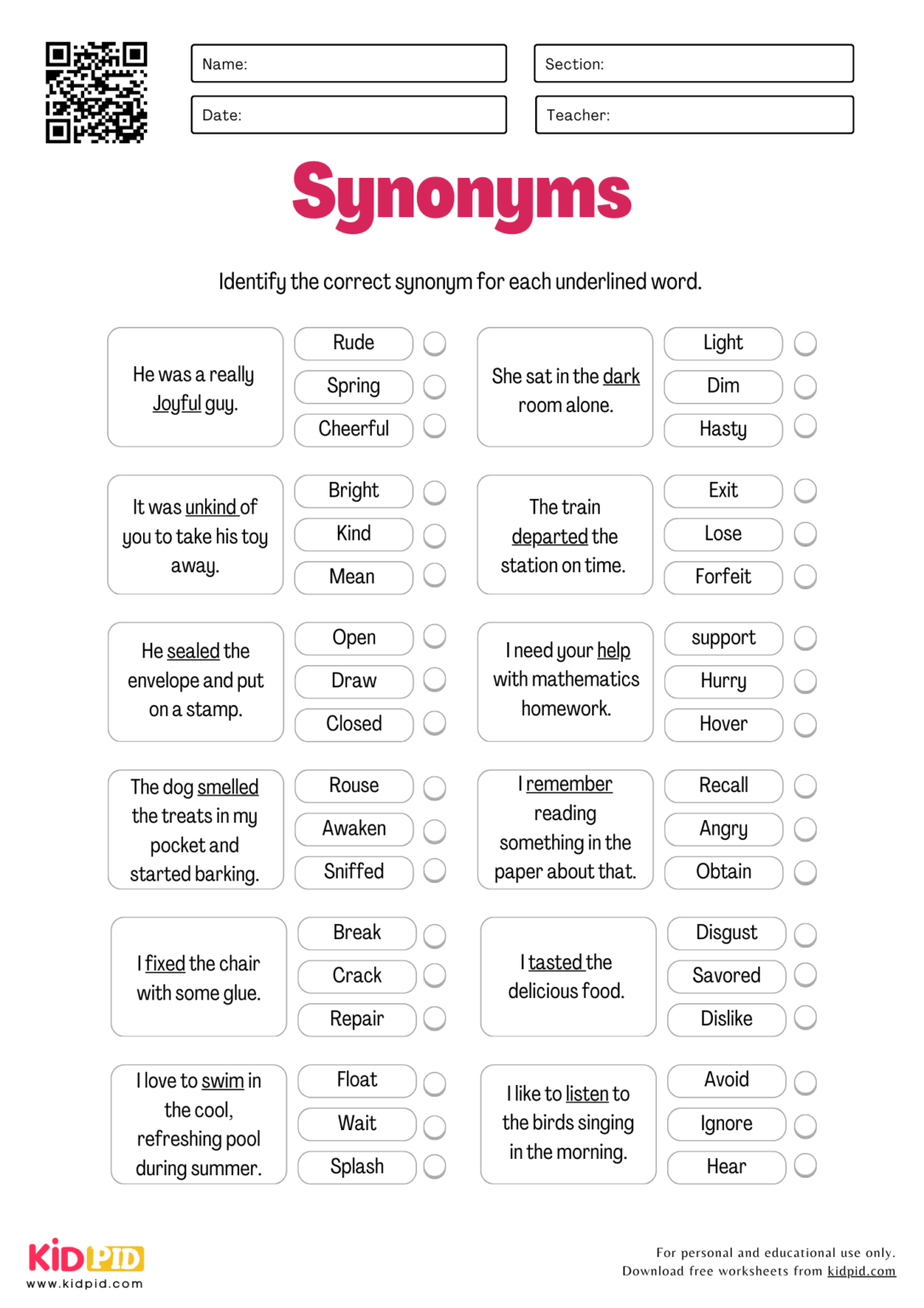 Identify The Synonyms Worksheet For Grade 2 - Kidpid