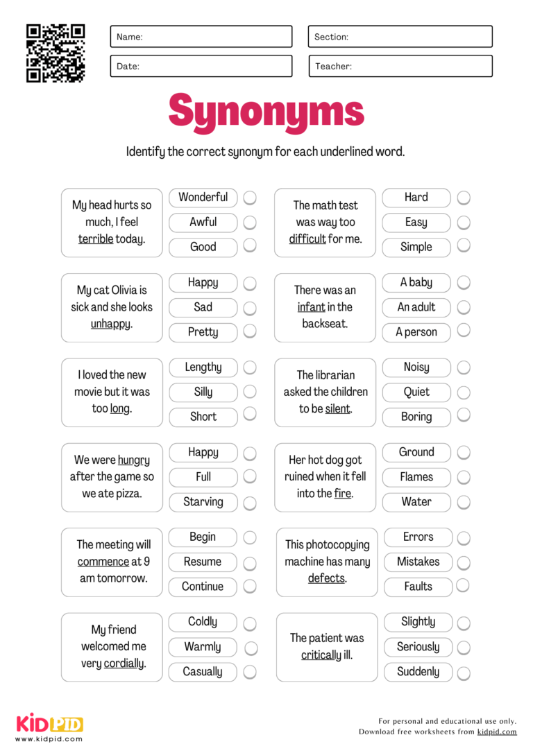 Identify The Synonyms Worksheet For Grade 2 - Kidpid