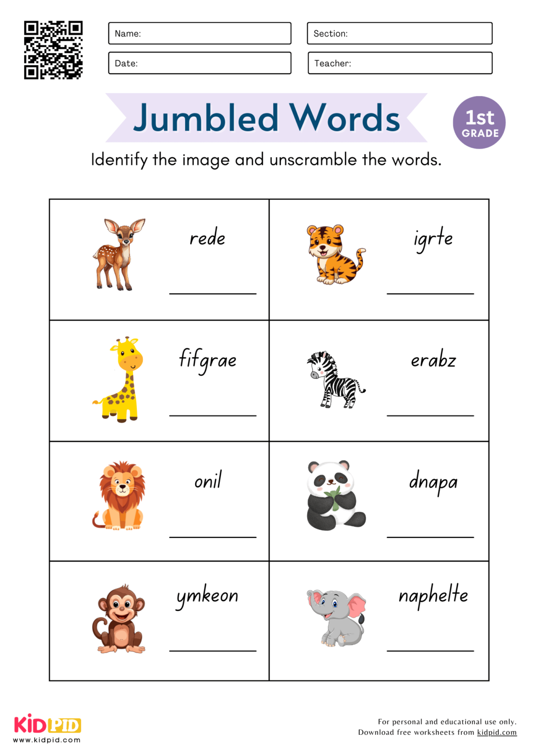 Jumbled Animals Words Worksheet for Grade 1 - Kidpid