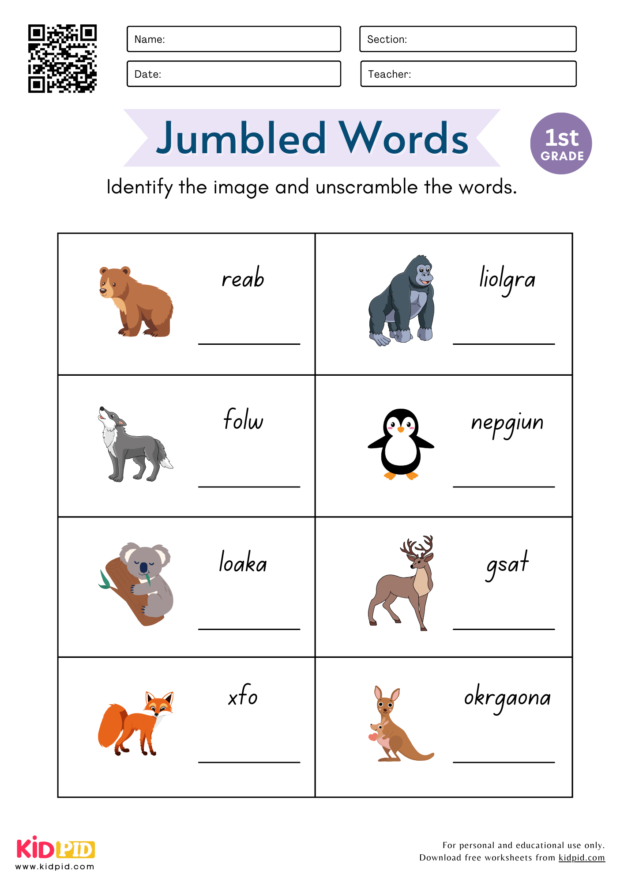 Jumbled Animals Words Worksheet for Grade 1 - Kidpid