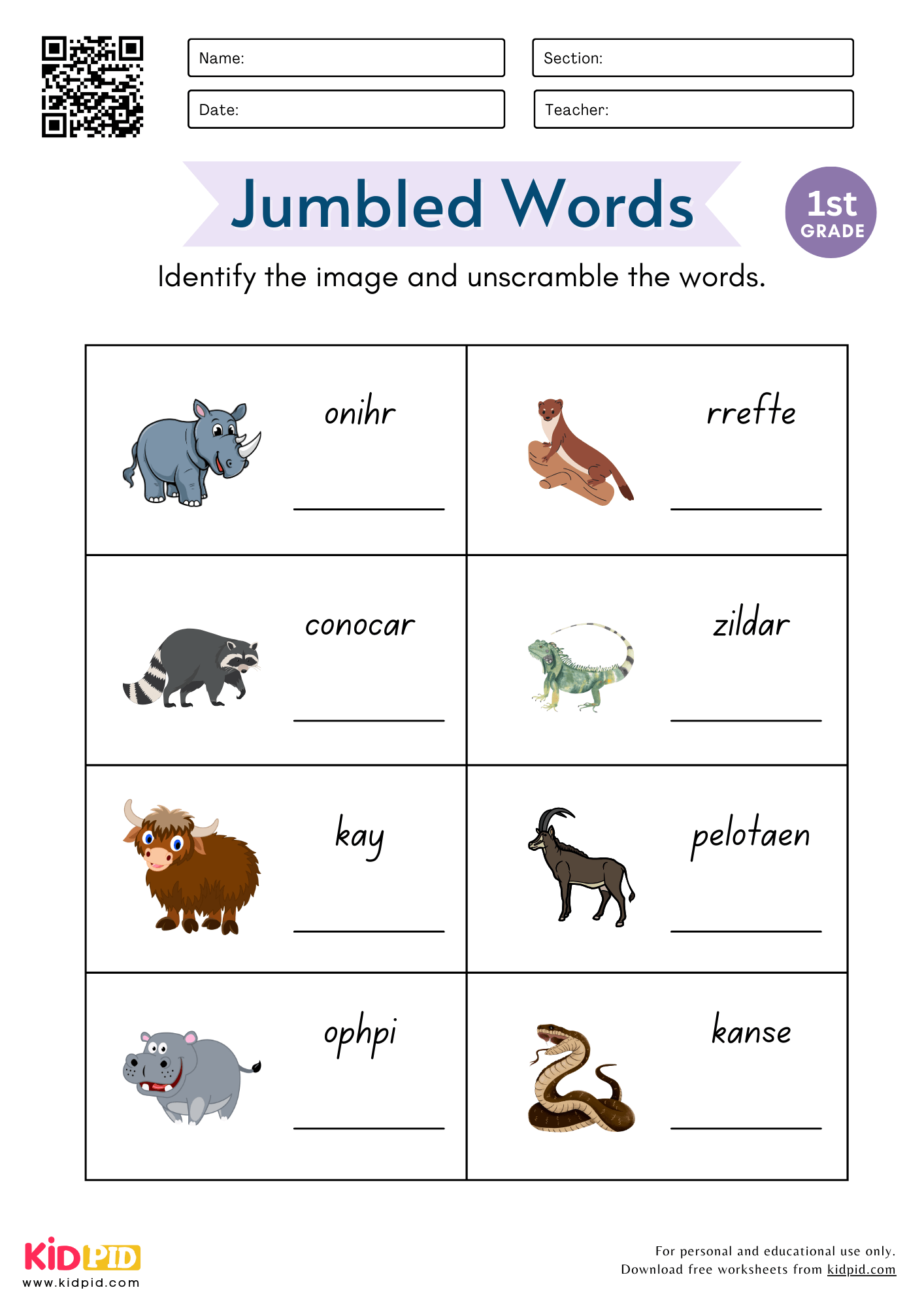 Jumbled Animals Words Worksheet for Grade 1 - Kidpid