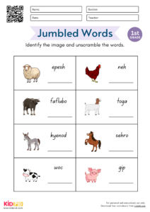 Jumbled Animals Words Worksheet for Grade 1 - Kidpid