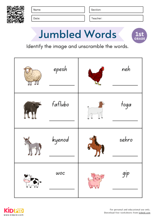 Jumbled Animals Words Worksheet for Grade 1 - Kidpid
