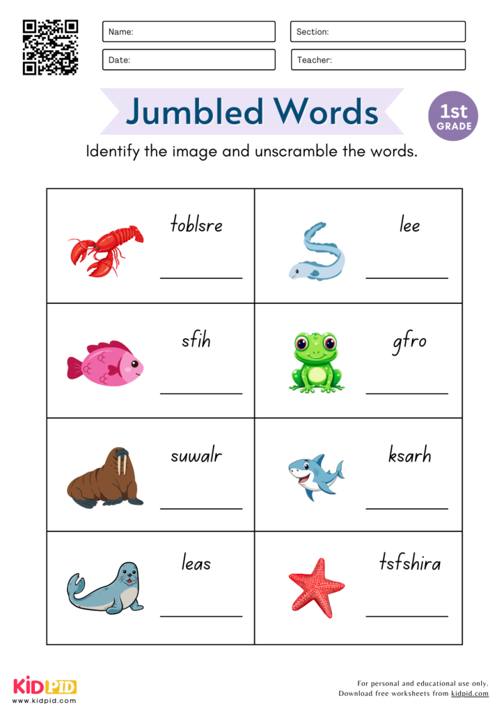 Jumbled Animals Words Worksheet for Grade 1 - Kidpid