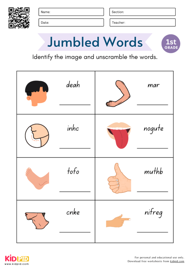 Jumbled Body Parts Word Worksheet for Grade 1 - Kidpid