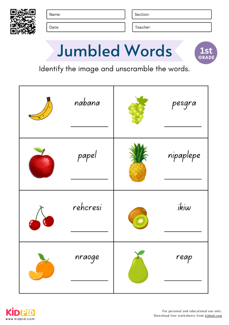 Jumbled Fruits Words Worksheet for Grade 1 - Kidpid