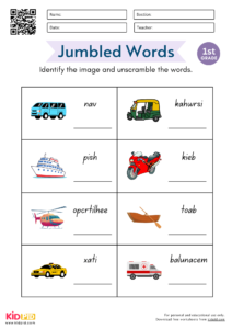 Jumbled Transportation Vehicles Words Worksheet for Grade 1 - Kidpid