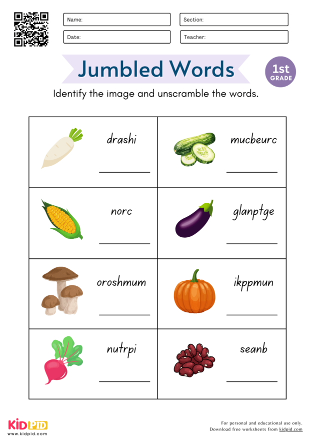 Jumbled Vegetables Words Worksheet for Grade 1 - Kidpid